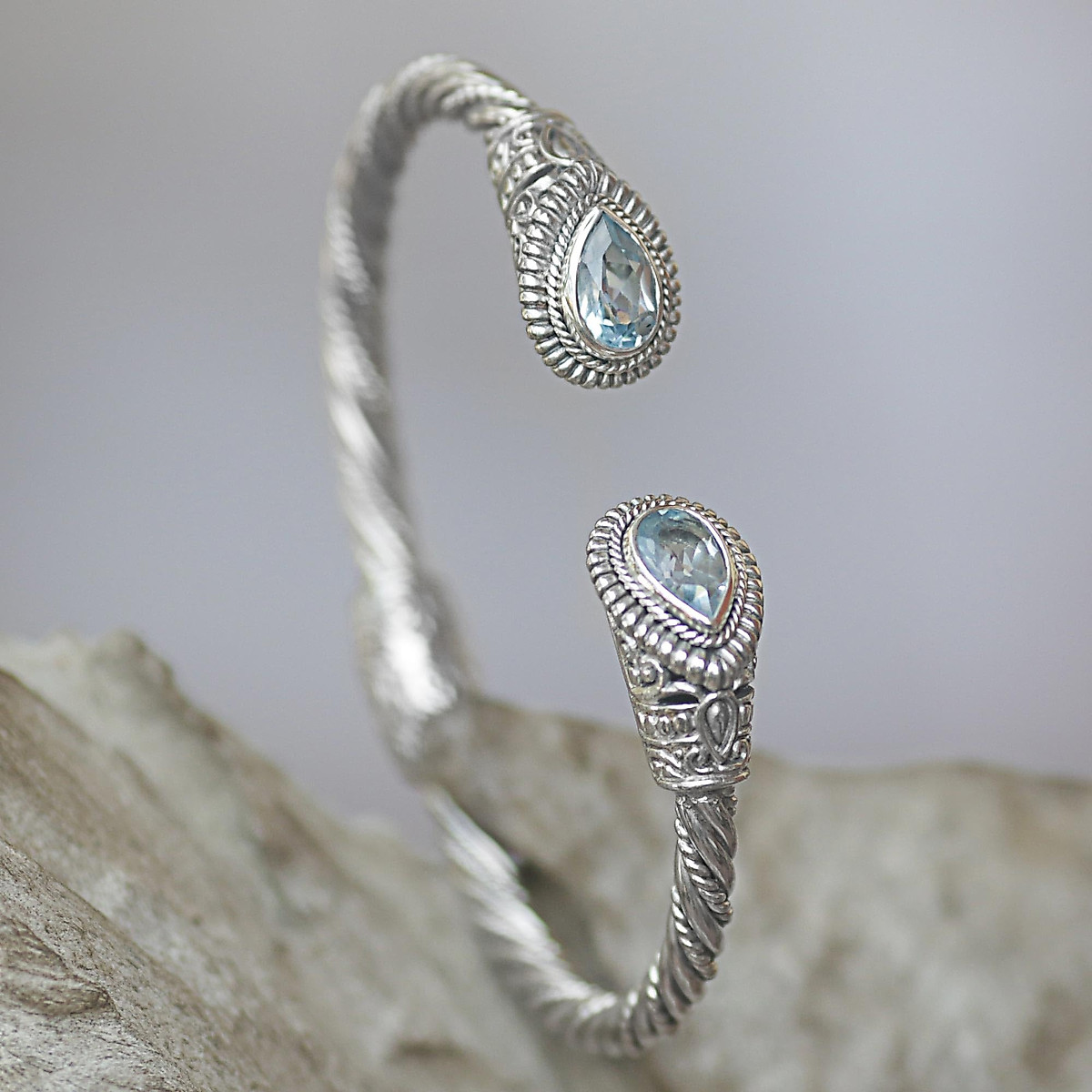 NOVICA Artisan Handmade Blue Topaz Cuff Bracelet Sterling Silver from Indonesia Birthstone [6 in L (end to End) x 0.3 in W] ' Bright Eyes'