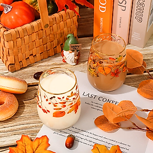 Whaline 2Pcs Fall Stemless Wine Glasses 17oz Maple Leaf Drinking Glasses with Gold Rim Autumn Leaves Tumbler Cups for Party Supplies Gifts