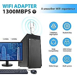 USB WiFi Adapter 1300Mbps USB 3.0 WiFi Dongle Dual Band WiFi Wireless Network Adapter for Desktop Laptop PC, Supports Windows 11/10/8.1/8/7, Mac OS 10.9-10.15, Dual 5dBi High Gain Antennas