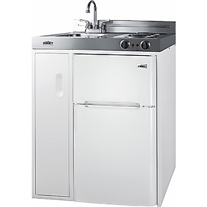 Summit C30EL 30" Kitchenette with 2 Coil Element Cooktop Sink and Faucet in White 2-door refrigerator-freezer included