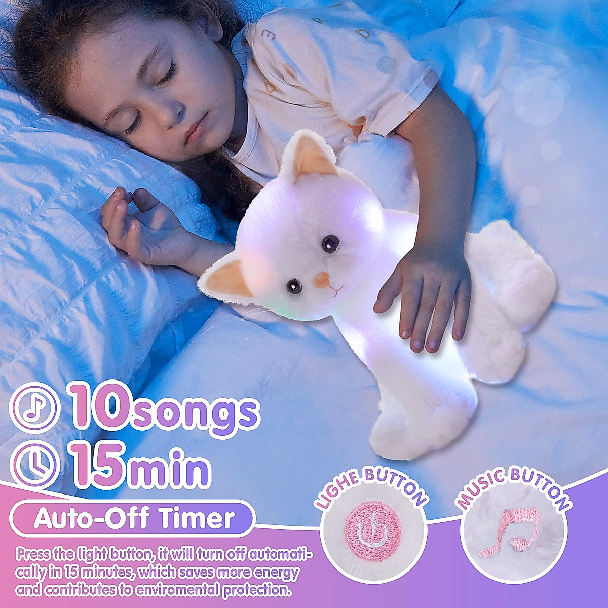 Houwsbaby 12'' White Musical Light Up Cat Stuffed Animal Kitty Plush Toy Singing LED Glowing Cat Plush Toy Christmas Festival Birthday Presents for Kids Girls Boys