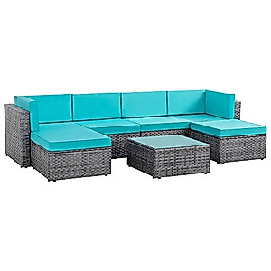 Walsunny 7pcs Patio Outdoor Furniture Sets,Low Back All-Weather Silver Gray Rattan Sectional Sofa with Tea Table&Washable Couch Cushions&Ottoman,Blue