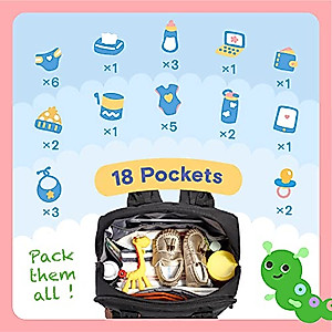 iniuniu Diaper Bag Backpack, 4 in 1 kit Large Unisex Baby Bags for Boys Girls, Waterproof Travel Back Pack with Diaper Pouch, Washable Changing Pad, Pacifier Case and Stroller Straps, Black