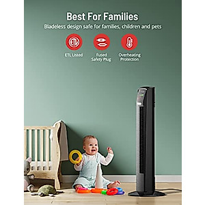 Delvit Tower Fan, Oscillating Quiet Cooling Fan with Remote, Digital Thermostat,12H Timer, 3 Speeds & 4 Modes, Portable Stand Up Floor Bladeless Fan for Bedroom, Living Room, Kitchen, Office