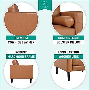 Naomi Home Marisa Genuine Mid-Century Leather Loveseat, Mid-Century Sleeper Loveseat, Tan Leather Couch,for Living Room, Bedroom, and More