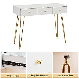 White Dressing Table Bedroom Vanity Table Chair Set with Cushioned Stool Wall Mount Mirror 3 Drawers Gold Hairpin Legs Makeup Table
