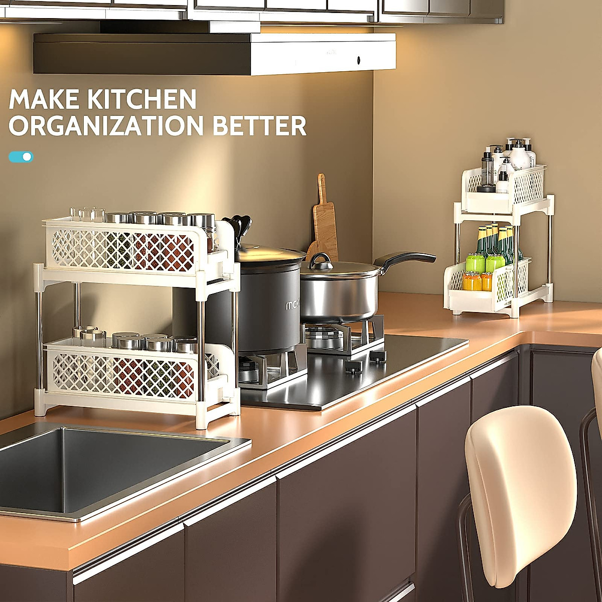 Under Sink Organizers and Storage,2 Tier Pull Out Bathroom Sink Organizer, Sliding Cabinet Basket Organizer with 4 Hooks,2 Hanging Cups, Under Sink Storage for Bathroom, Kitchen, Cleaning Supplies.