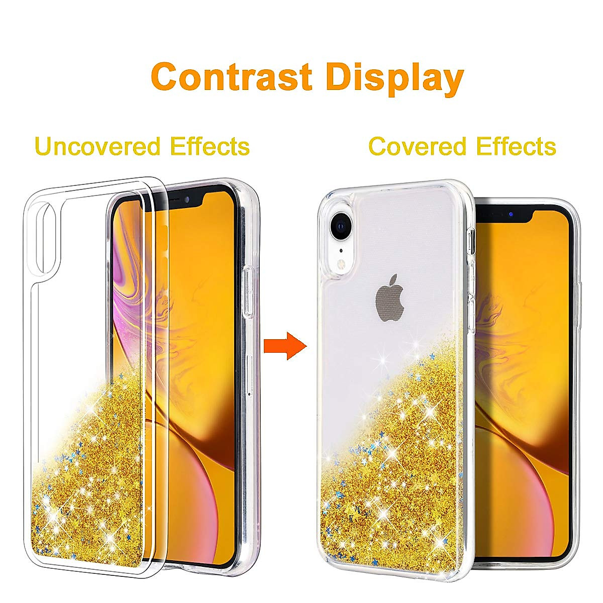 WORLDMOM for iPhone XR Case, Double Layer Design Bling Flowing Liquid Floating Sparkle Colorful Glitter Waterfall TPU Protective Phone Case for iPhone XR [6.1 Inch 2018], Yellow