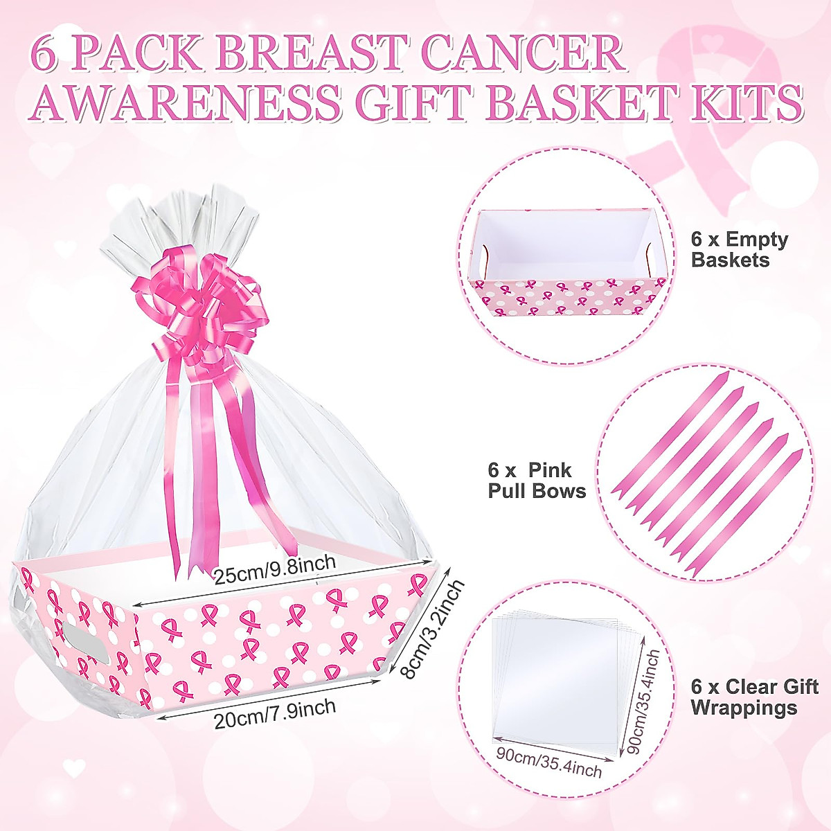 Resurhang 6 Set 10 x 8 x 3.2 Breast Cancer Awareness Baskets for Gifts Empty with Cellophane Wraps and Ribbons Bows Cardboard Basket Tray for Gift Packaging Holiday Birthday Wedding