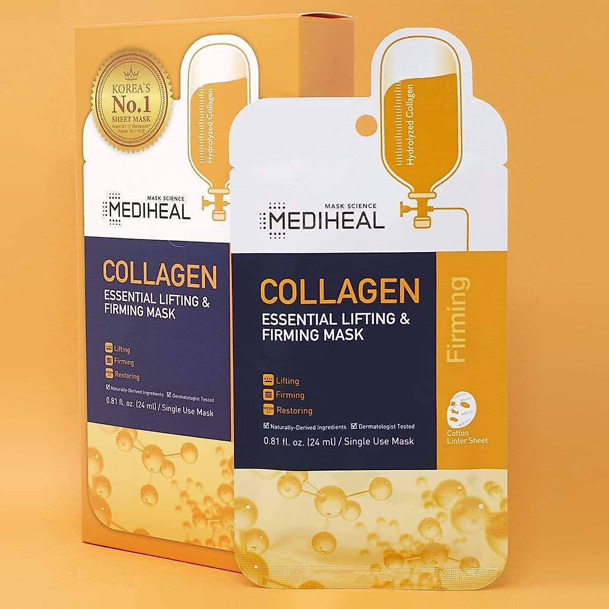 Mediheal Official [Korea's No 1 Sheet Mask] - 10 Pack Collagen Essential Lifting & Firming Mask/Collagen & Peptides & Beta Glucan Contained Anti-Wrinkle and Soothing Facial Mask Sheet