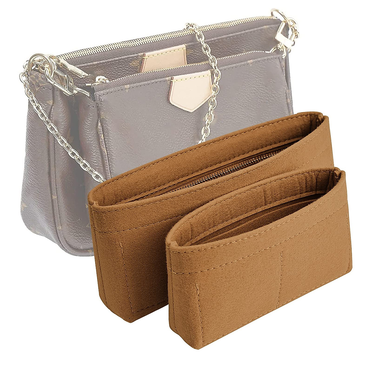 Vercord Felt Purse Organizer Insert Pochette Handbag Insert Bag in Bag for Multi Pochette Accessories Add Zipper Pocket Brown