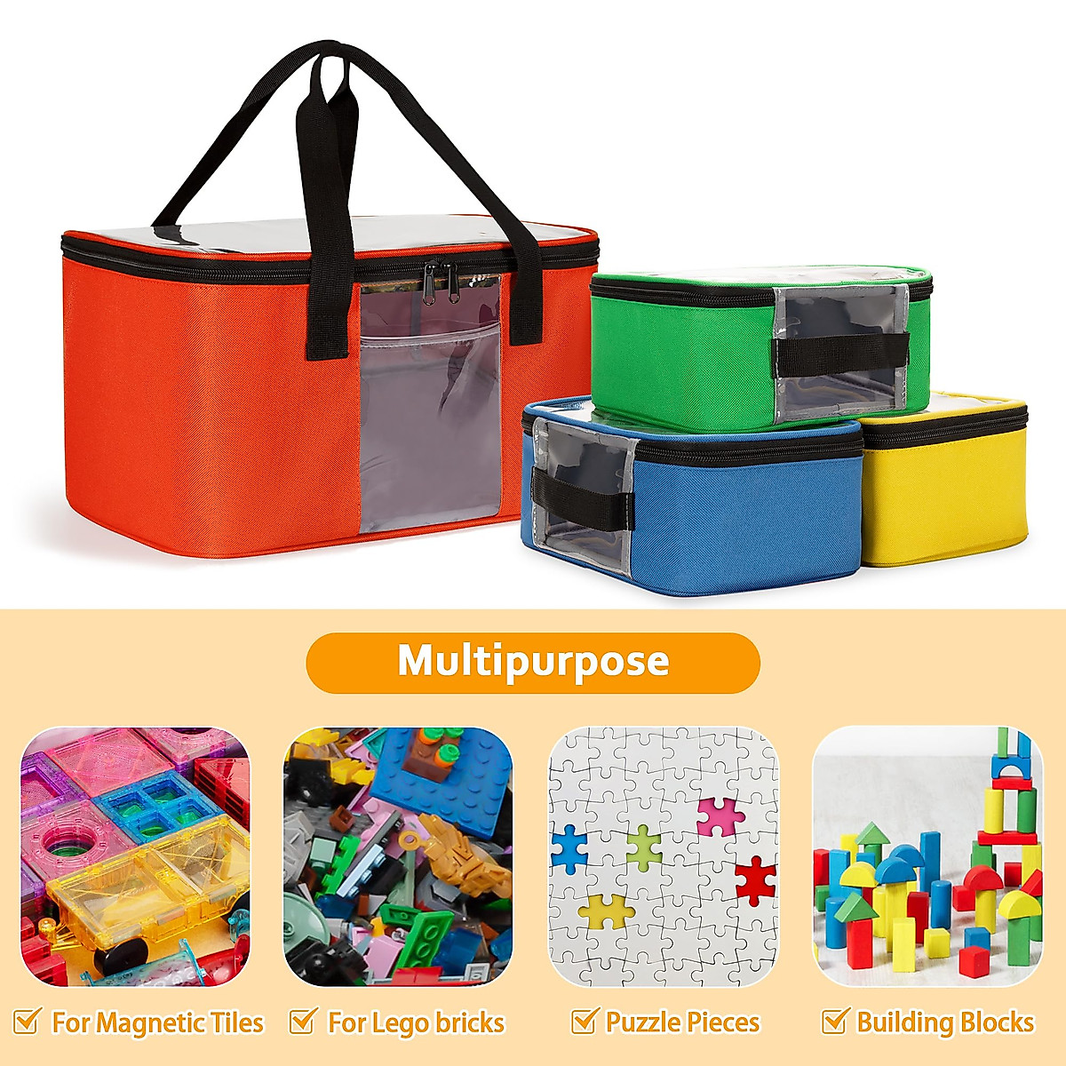 Rexmica 4 Pack Magnetic Tiles Storage Bag, Multifunction Toy Storage Organizer Bag, Magnetic Tiles Travel Bag Case with Visible Top for Magnet Building Tiles, Board Game, Puzzle, Car Toy