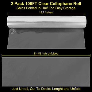 shanqian Clear Cellophane Wrap Roll (31.5 in x 200 ft), Cellophane Roll Clear Wrap Cellophane Bags, Clear Wrapping Paper to Wrap Gift Baskets Cellophane Basket Wrap Gift Wrap
