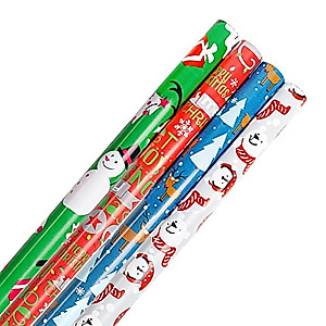 Lulu Home Christmas Wrapping Paper Set, 10ft x 30inch - 4 Rolls (100 sq. ft. ttl) Adorable Art Paper for Wrapping, Assorted Cartoon Wrapping Paper Jumbo Rolls for Kids Xmas Present Packaging