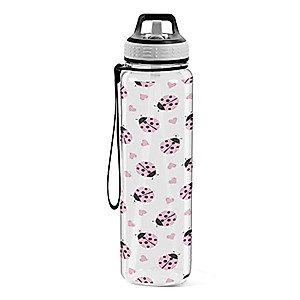 Fustylead Cute Ladybug and Hearts 32oz BPA Free Water Bottles, Leakproof Tritan Sport Water Bottle with Straw for Gym Fitness Running