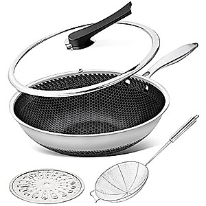MICHELANGELO Wok Pan with Lid, 12 Inch Stainless Steel Wok Set with Spider Strainer and Steaming Rack, Honeycomb Woks & Stir-fry Pans Flat Bottom Wok Induction Compatible, Dishwasher and Oven Safe