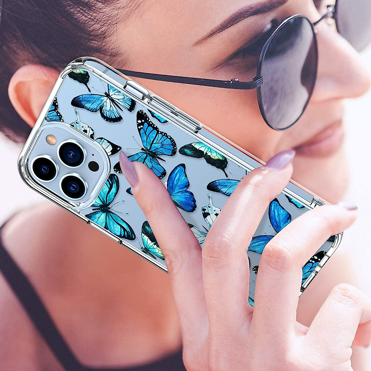 LUHOURI Designed for iPhone 13 Pro Max Case with Screen Protector - Crystal Acrylic Clear for Women and Girls - Slim Fit Protective Phone Cover 6.7" - Floral Blue Butterflies