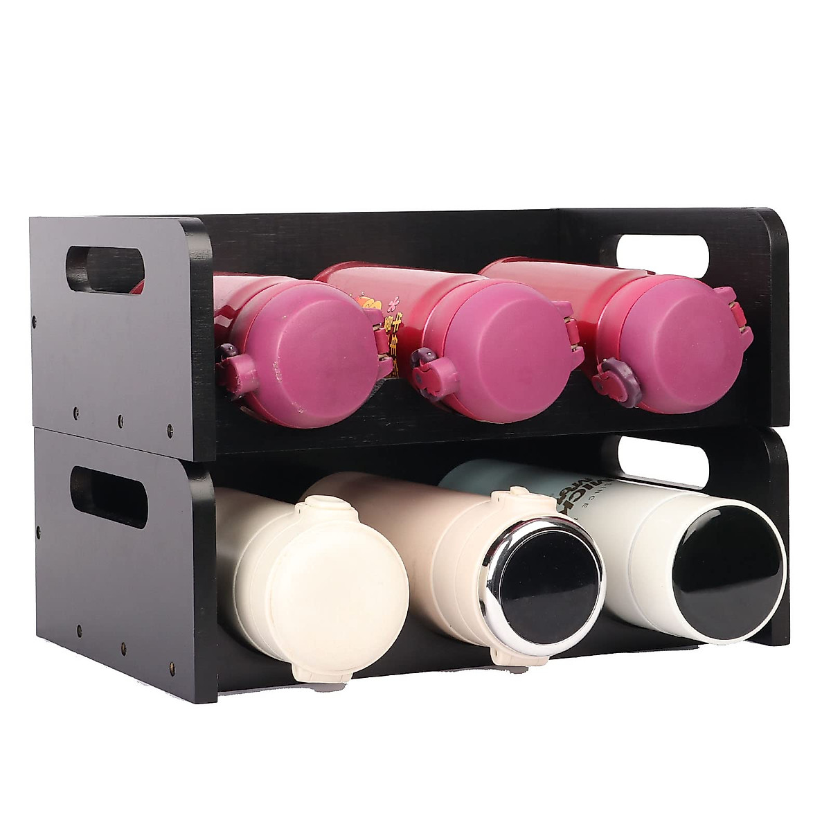 Bamboo Water Bottle Holder Stackable Water Bottle Organizer for cupboards Home Cups and Wine Bottle Holders (Black 6 Bottle)