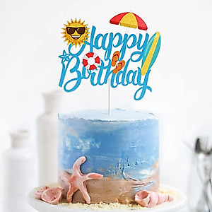 Summer Beach Happy Birthday Cake Topper Blue Glitter Summer Pool Swimming Surfing Party Decoration Summer Holiday Birthday Party Favor Supplies