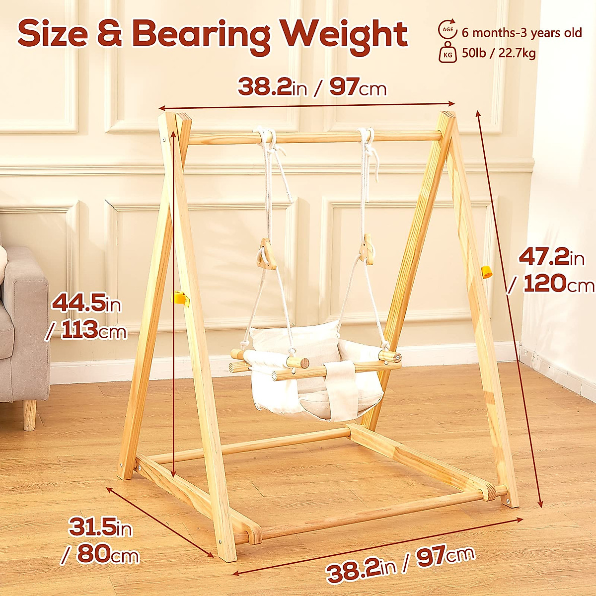 FUNLIO Wooden Toddler Swing Stand with 4 Sandbags, Foldable Baby Swing Stand with Durable Pine & Velcro for Toddlers 6-36 Months, Kids Swing Frame with Maximum Bearing 50lbs, Easy to Assemble & Store