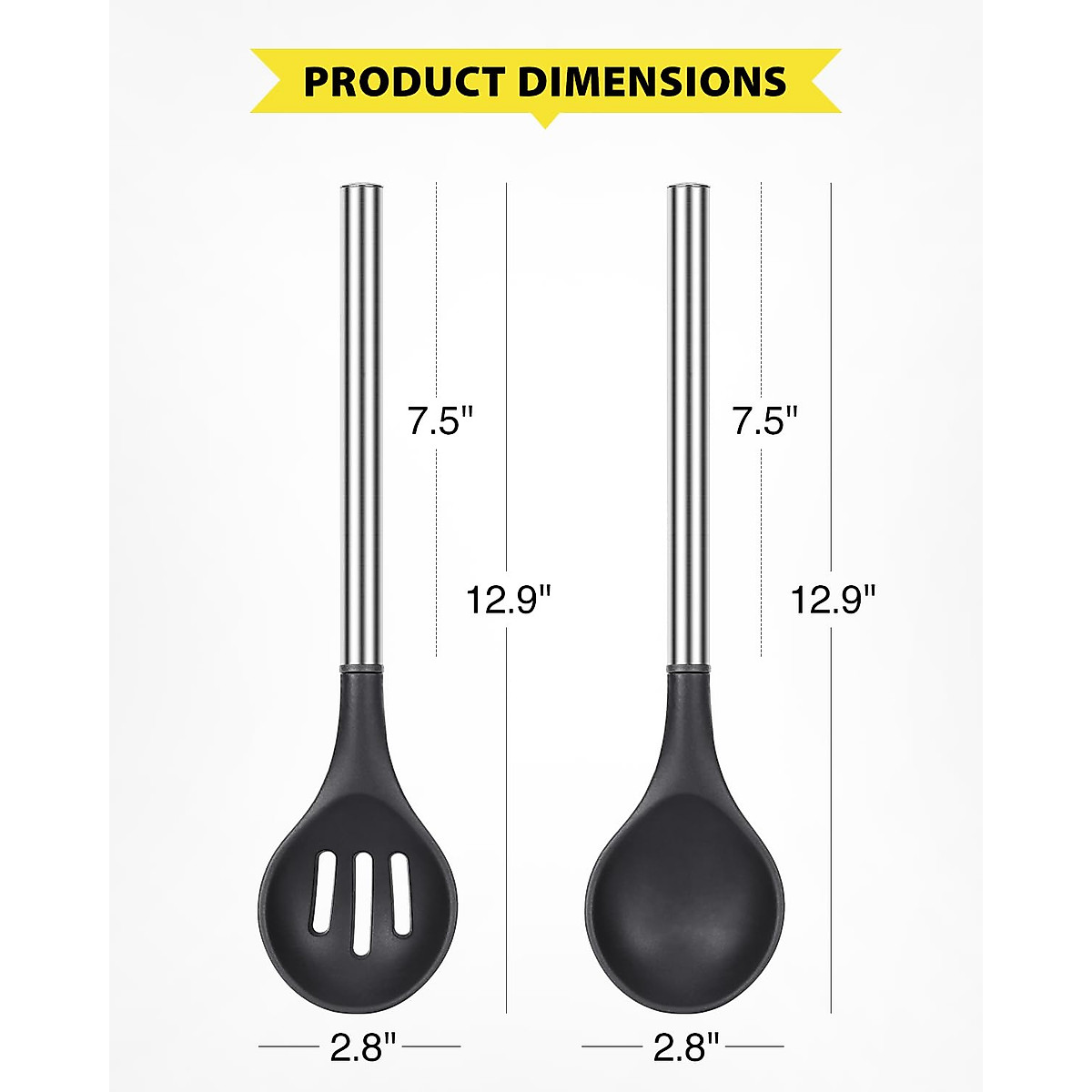 2 Pcs Silicone Cooking Spoons, Solid and Slotted Spoon Set, Non-Stick BPA Free Heat-Resistant Basting Stainless Steel Handle Kitchenware for Cooking, Soup, Serving, Draining, Stirring (black)