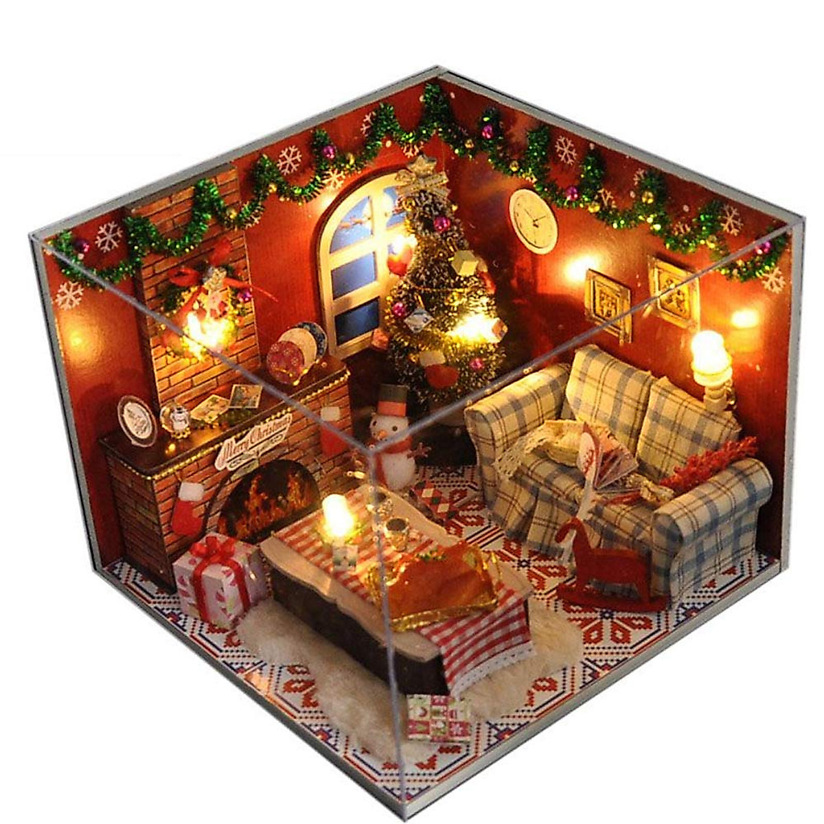 Flever Dollhouse Miniature DIY House Kit Creative Room with Furniture and Glass Cover for Romantic Artwork Gift(Christmas Eve)