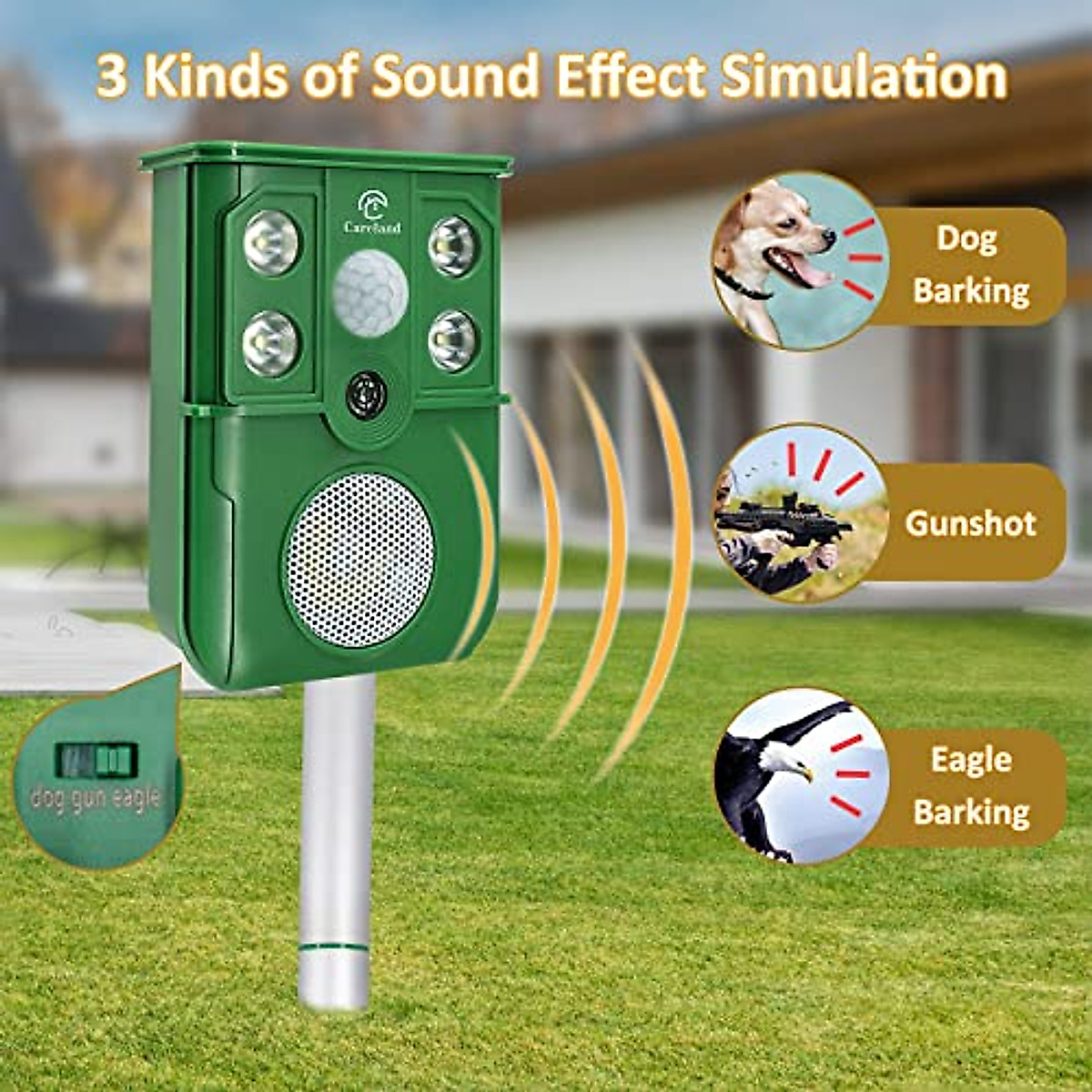 Careland Cat Repellent Outdoor Solar Animal Repeller Ultrasonic Deer Repellent Devices with Flashing Light Simulate Dog Barking, Gunshots, and Eagle Barking to Scare Away Animals from Your Garden