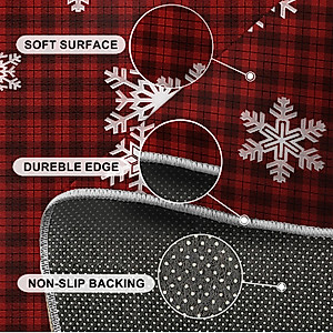 Rug 3x5, Merry Christmas Rug, White Falling Snow with Red Buffalo Check Holiday Season Classic Art Printed Washable Rugs, Soft Breathable Short Pile Comfy Non-Slip Rug for Living Room