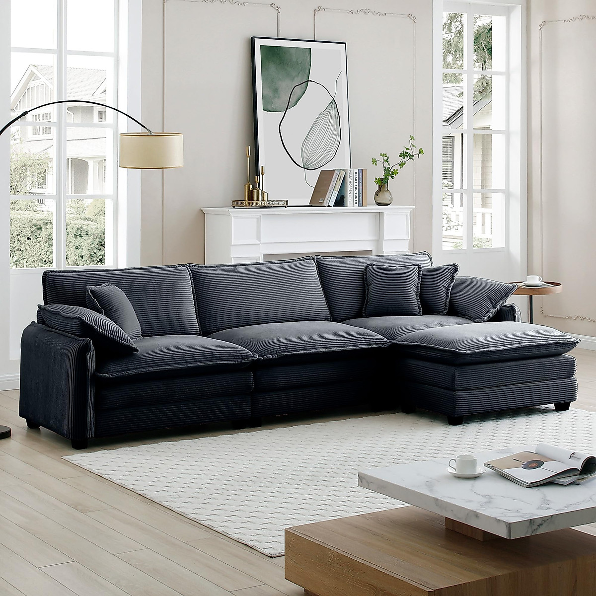 115" Modular Sectional Sofa,L Shaped Sectional Couches for Living Room,3-Seater Corduroy Upholstered Cloud Couches with Movable Ottoman and Deep Seats