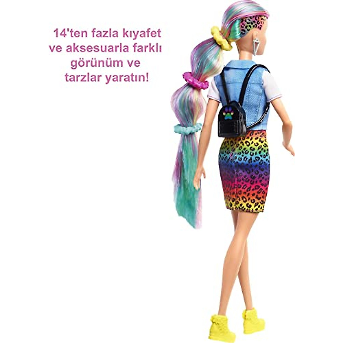 Barbie Doll Leopard Rainbow Hair with Color-Change Highlights & 16 Styling Accessories Including Clothes, Scrunchies, Brush & More