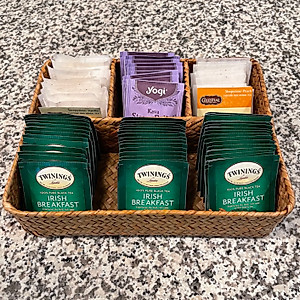 YANGQIHOME Tea Bag / Sugar Packet Holder, Coffee Station Condiment Organizer, Seagrass Storage Basket, Wicker Rattan Divided Basket Organizer for Drawer / Shelf / Countertop