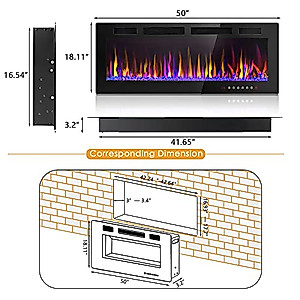 LEMBERI 50 inch Electric Fireplace Recessed and Wall Mounted,750/1500W Heater and Linear Fireplace with Touch Screen Control Panel, Timer,Remote Control,Adjustable Flame Color and Speed