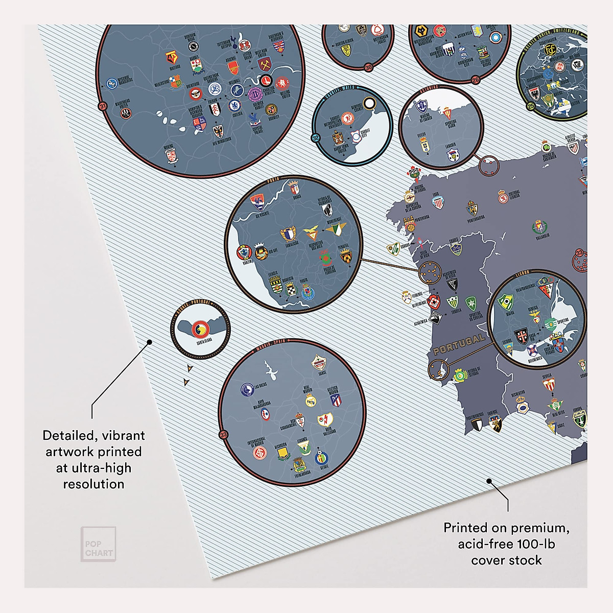 Pop Chart | Football Clubs of Europe | 36" x 24" Large Wall Art | Soccer Poster Featuring Over 1000 Clubs on a Massive Map | Sports Wall Decor for Living Room, Bedroom, and Man Cave