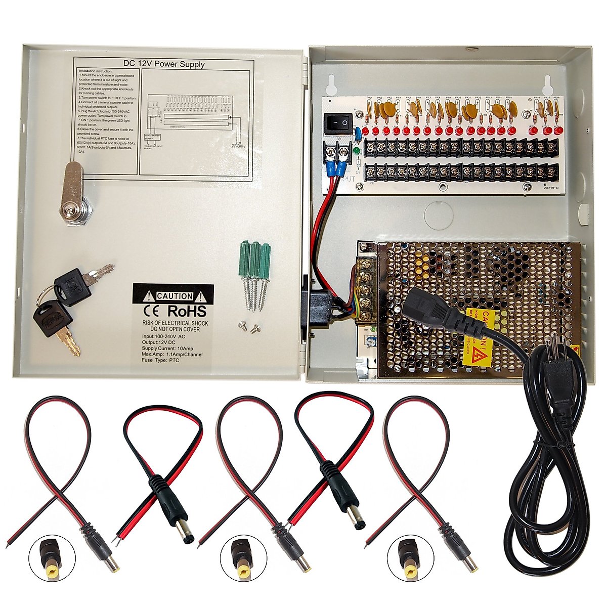 Evertech 16 Channel 12 Volt DC Output CCTV Distributed Power Supply Box for Security Camera with 18 Pcs. DC Male Pigtail