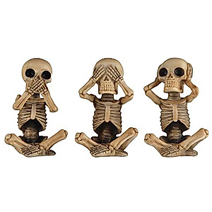JORAE Skeletons Statue Hear See Speak No Evil Baby Halloween Figurines Home Decorative, Set of Three, 4.8 Inches, Ivory Yellow Polyresin