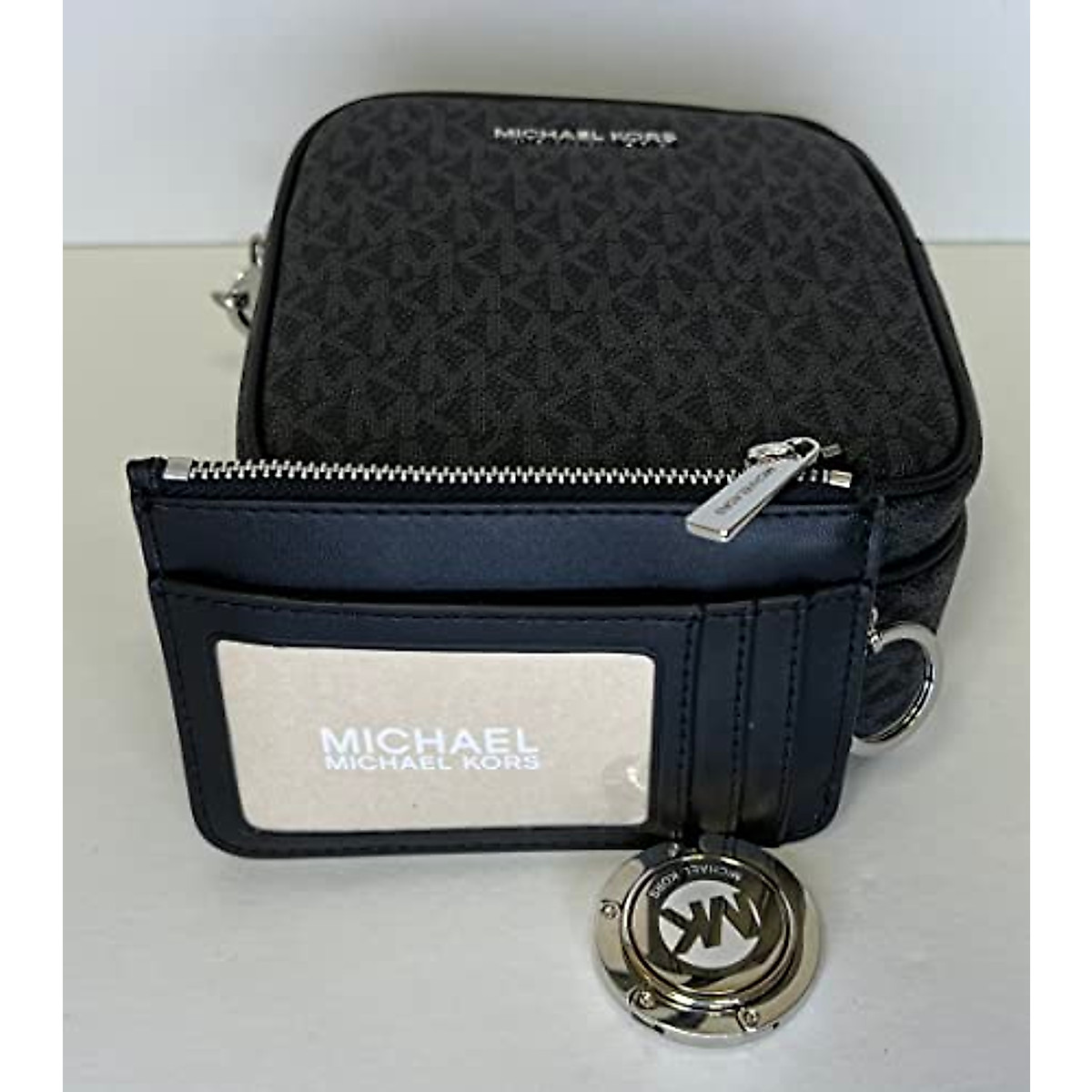 Michael Kors Jet Set Travel Medium Logo Crossbody bundled SM TZ Coinpouch & Purse Hook (Signature MK Black)