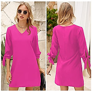 BELONGSCI Women's 2024 Summer Dress Sweet & Cute V-Neck Self Tie 3/4 Sleeve Casual Shift Dress