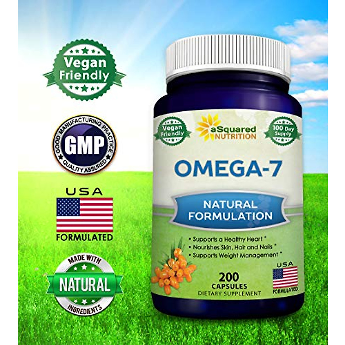 Purified Omega 7 Fatty Acids - 200 Capsules - from Natural Sea Buckthorn, XL Vitamin Supplement, No Fish Burp, Vegan Omega-7 Palmitoleic Acid, Compare to Omega 3 6 9 for Complete Weight Loss Results