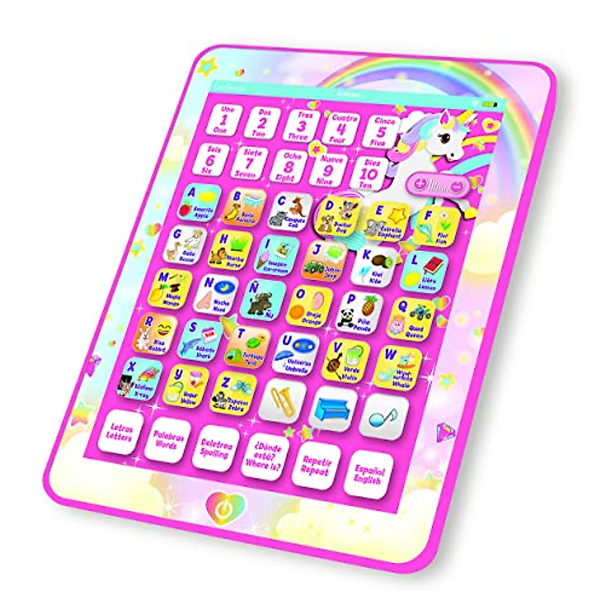 Lexibook Unicorn Educational Bilingual Interactive Learning Tablet, Toy to Learn Alphabet Letters Numbers Words Spelling and Music, English / Spanish Languages, Pink, JCPAD002UNIi2