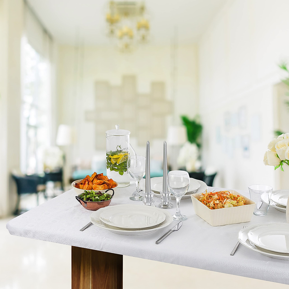 Fitted Rectangle Tablecloth for 6 Foot Tables – Reusable Elastic Edge Table Cover for Folding Banquet Tables – Washable 100% Polyester Fabric with Mitered Corners for Parties and Picnics (32x72 inch)