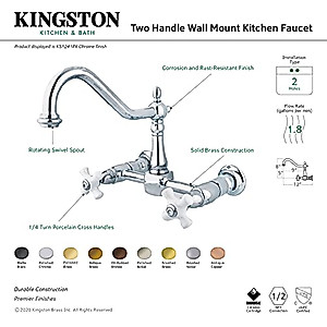 Kingston Brass KS124PXAC Heritage Two-Handle Wall Mount Bridge Kitchen Faucet, Antique Copper