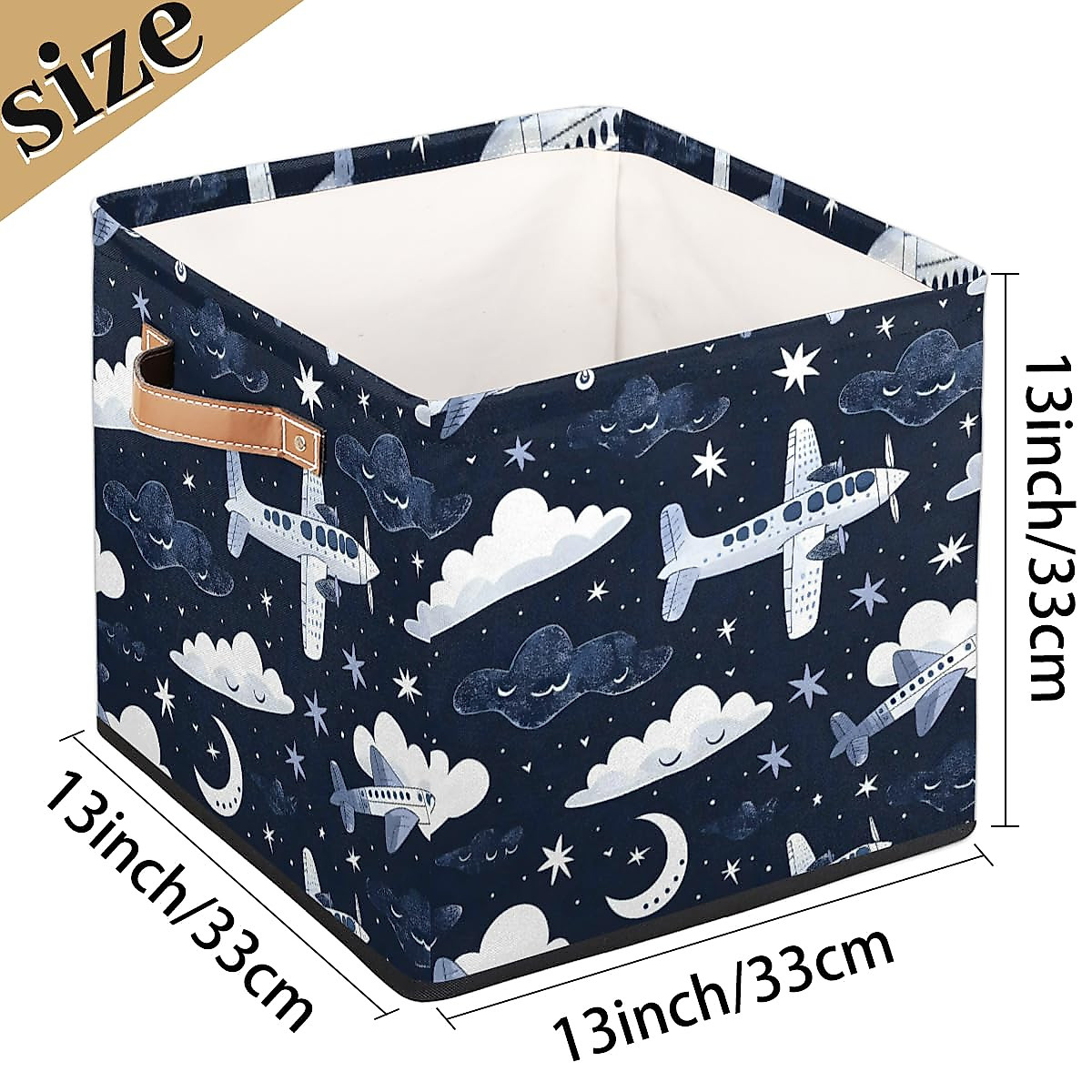 Tablerazzi Aircraft Cube Storage Bin, 13 Inch Collapsible Fabric Storage Cube Bin, Flying Airplane Navy Blue Foldable Cube Baskets for Shelf, Closet, Organizer
