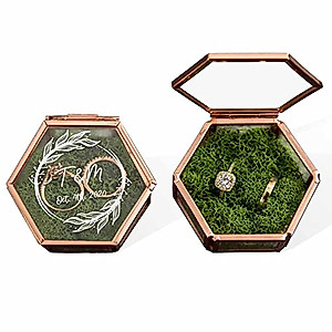 Getname Necklace Custom Hexagon Glass Ring Box with Moss for Wedding Ceremony Birthday Engagement Ring Box for Proposal Bearer Box with Names & Initials Ring Holder Jewelry Ring Boxes Organizer