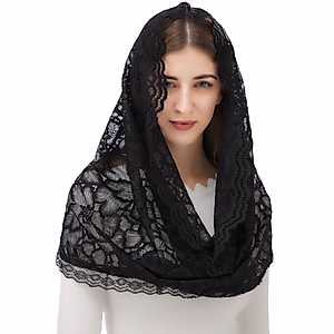 PAMOR Infinity Floral Veils Scarf Chapel Veil Head Covering Wrap Style Latin Mass Lace Mantilla (Black)