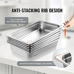 VEVOR 6 Pack Hotel Pans, Full Size Anti-Jam Steam Pan, 0.8mm Thick Stainless Steel Restaurant Steam Table Pan, 4-Inch Deep Commercial Table Pan, Catering Storage Food Pan, for Industrial & Scientific
