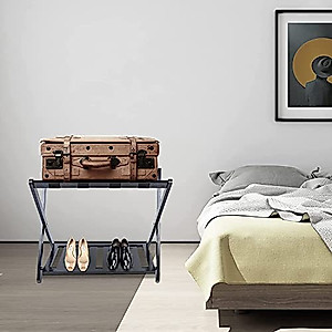 bimiti Bamboo Folding Luggage Rack with Shoe Shelf Double-Layer Luggage Rack Strong Bearing Capacity Luggage Holder for Bedroom,Guest Room,Hotel,Black