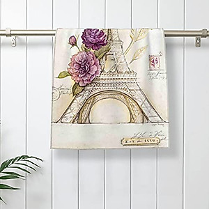 QICENIT Vintage Letter Paris Eiffel Tower with Flower and Butterfly Hand Towel White Super Soft Plush Highly Absorbent for Bathroom 15.7x27.5In