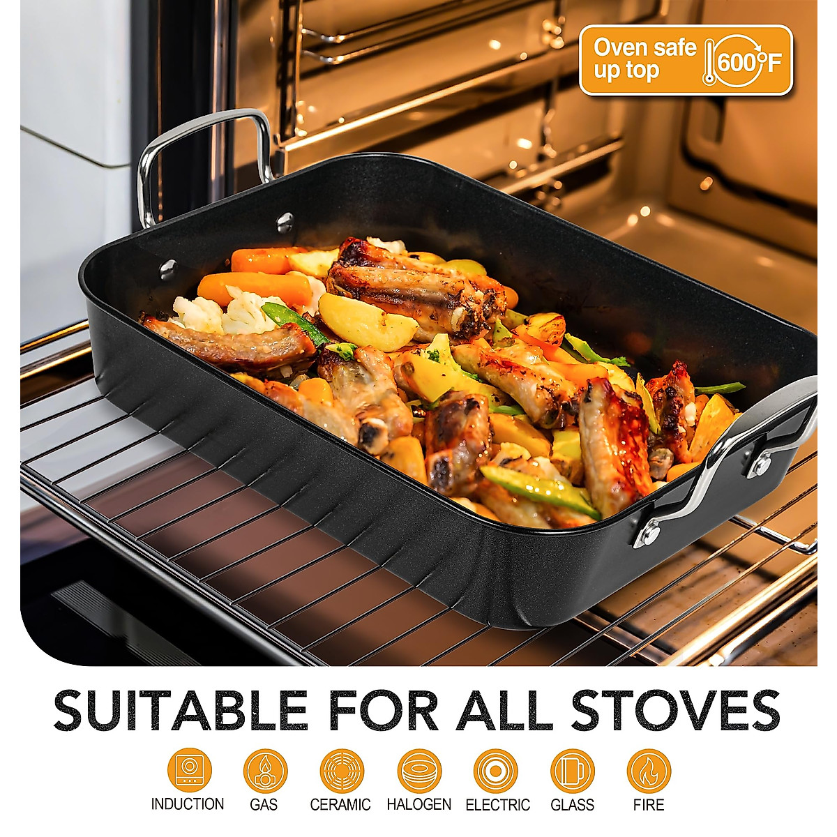 MICHELANGELO Roasting Pan with Rack, Carbon Steel Turkey Roasting Pan for Oven and Induction, Nonstick Turkey Roaster Pan with Stainless Steel Rack, 15 Inch x 11 Inch