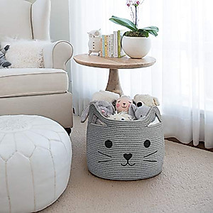 HiChen Large Woven Cotton Rope Storage Basket, Laundry Basket Organizer for Towels, Blanket, Toys, Clothes, Gifts | Pet Gift Basket for Cat, Dog - 15.7" L×11.8" H, Gray