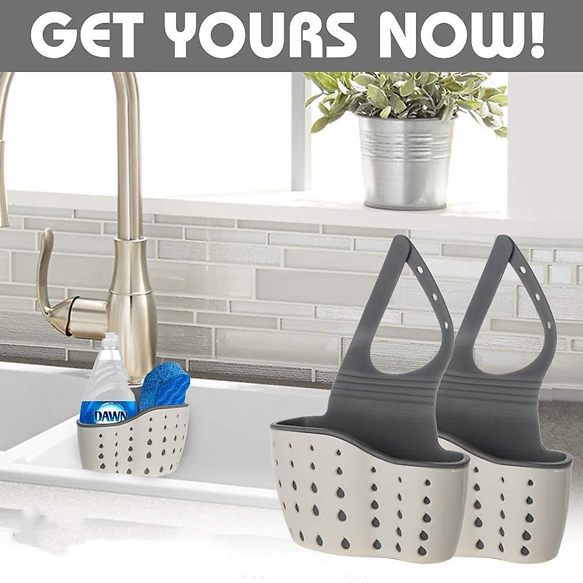 Comfecto Kitchen Faucet Sponge Holder, 2 Pack Hanging Kitchen Faucets Caddy Organizer with Adjustable Strap and Holes for Drying, Space Saving Sink Sider for Dish Soap Dishwashing Brush